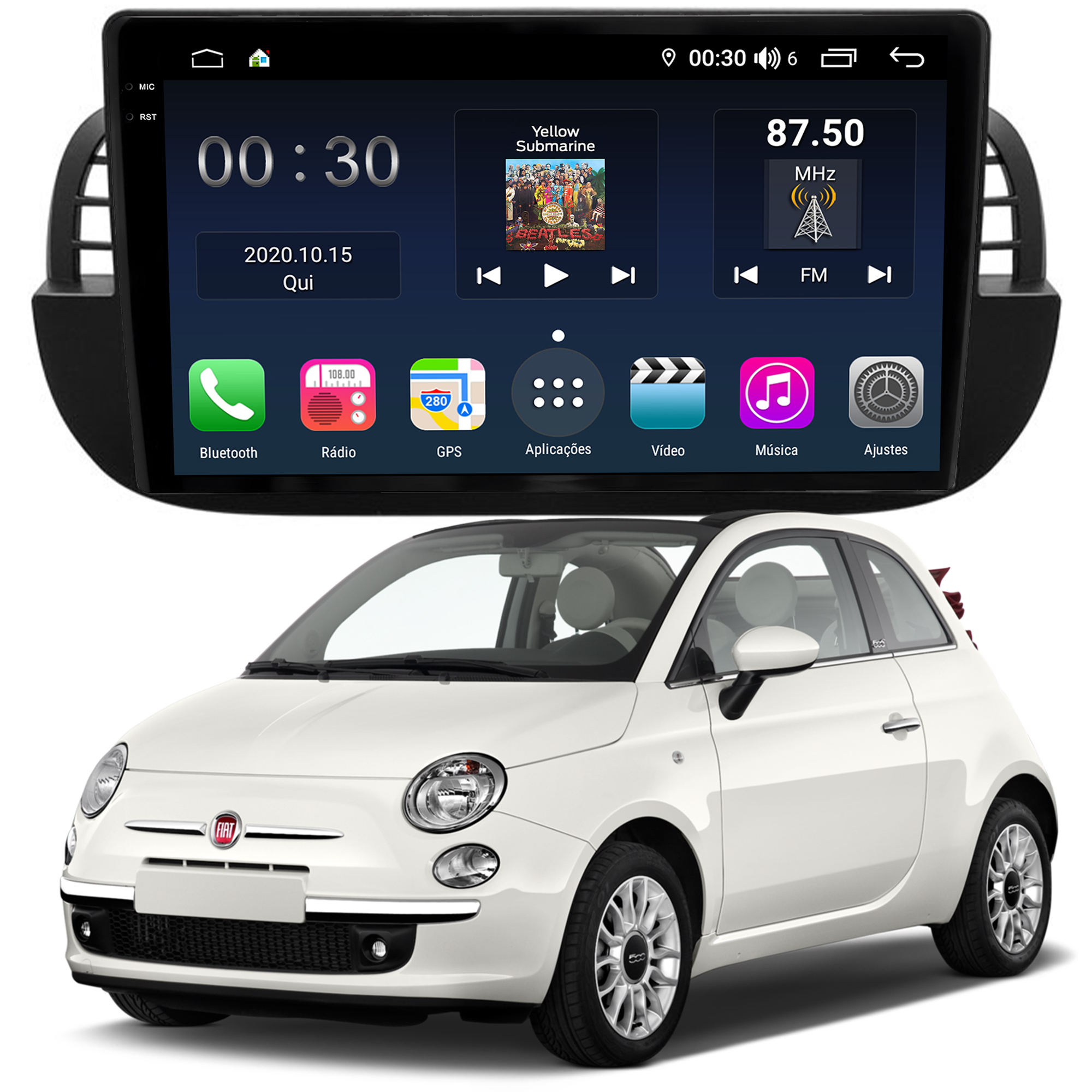 MULTIMÍDIA AIKON PRÓTON 6RAM 128GB QLED 9" FIAT 500 - SOAUDIO